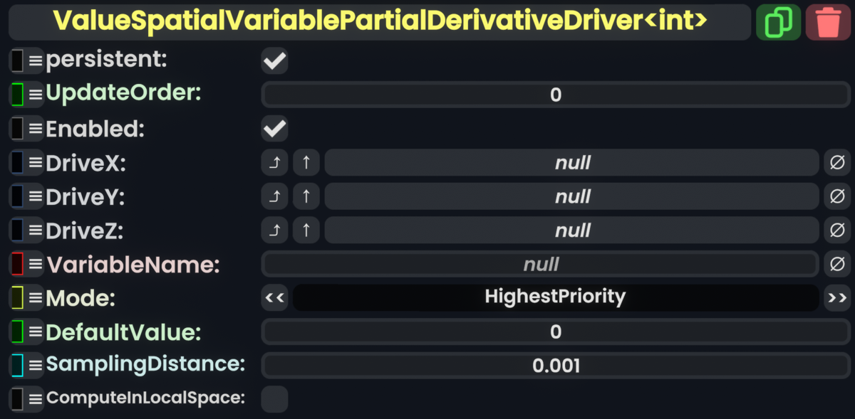 Component:ValueSpatialVariablePartialDerivativeDriver - Resonite Wiki